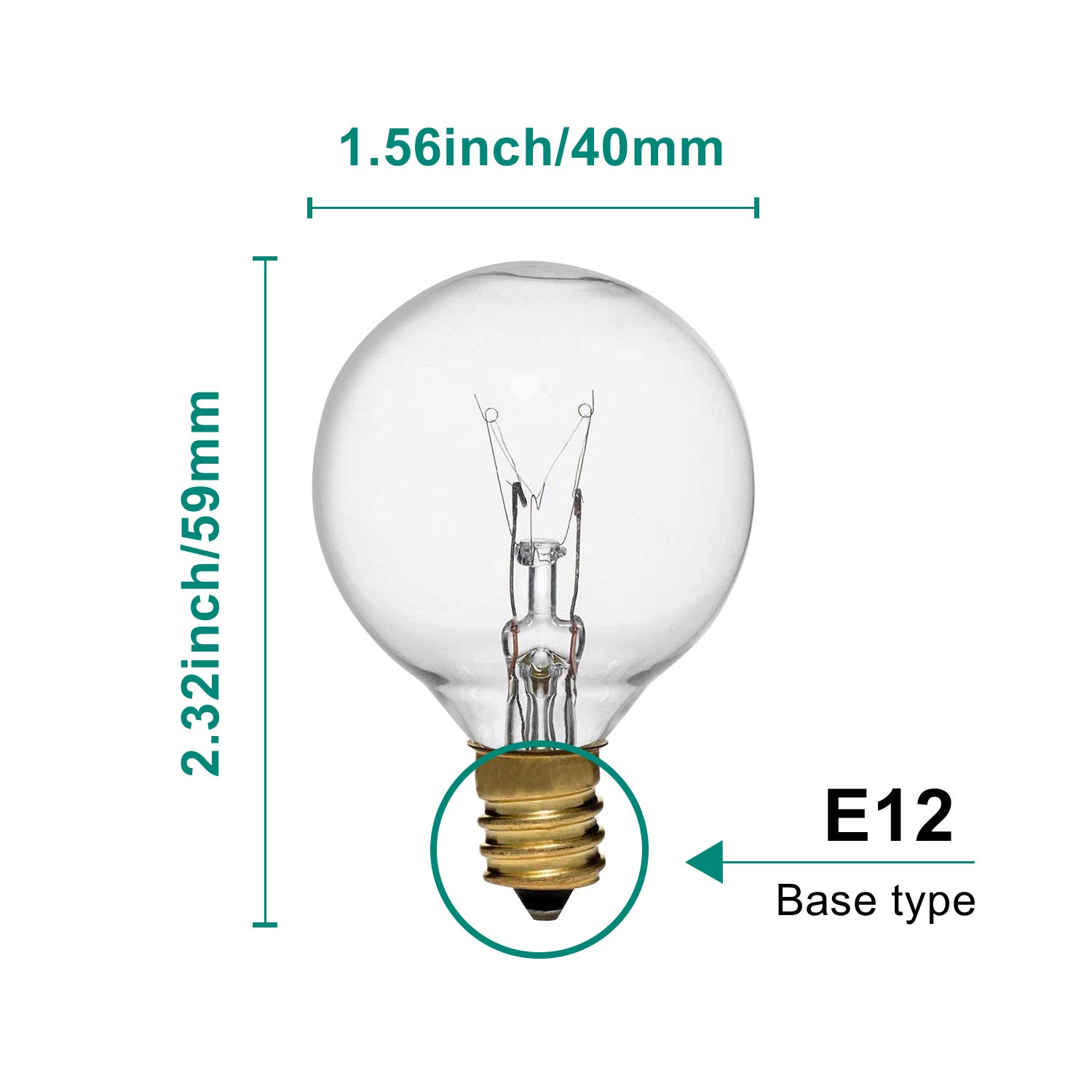 LEDESIGN 25-Pack G40 Incansedent String Light Bulbs, 5 Watt G40 Globe Light Bulbs, G40 Clear Replacement String Light Bulbs with Candelabra Screw Base, Fits E12 and C7 Sockets, Indoor-Outdoor Use