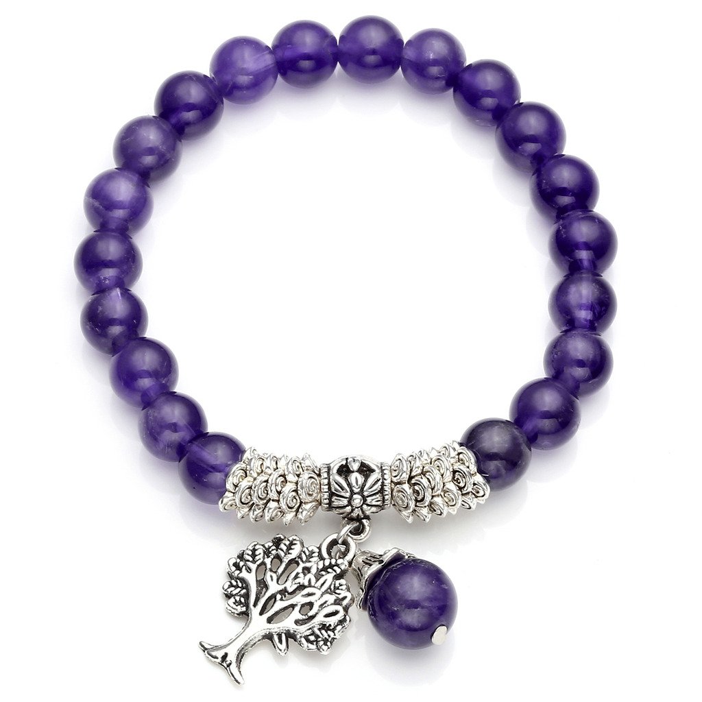 Jovivi 8MM Purple Amethyst Natural Gemstone Healing Crystals Point Life Tree Lucky Charm Stretch Bracelet