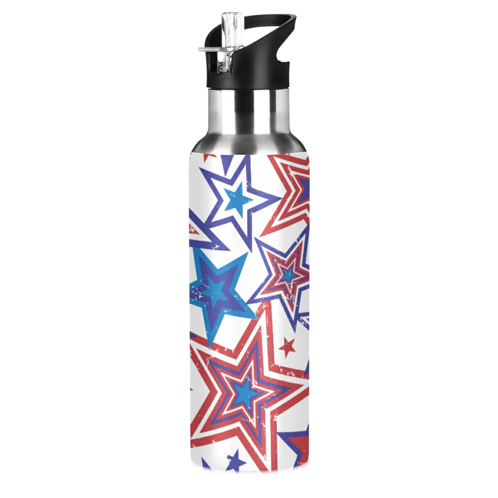 Poeticcity American Blue Red Stars July 4th Seamless on White Stainless Steel Water Bottle, Leak-Proof Vacuum Hot Cold Insulated Mug, Double Walled with Handle Cup Bottle 33.8 Oz