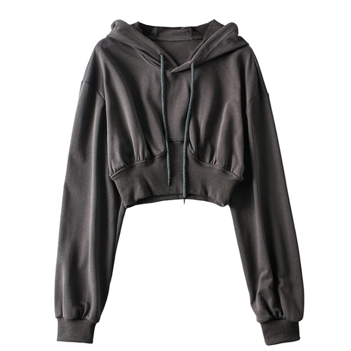 Oiefeen Women's Long Sleeve Sweatshirt Waist Drawstring Short Top High Waist Hoodie (Dark gray, M) …