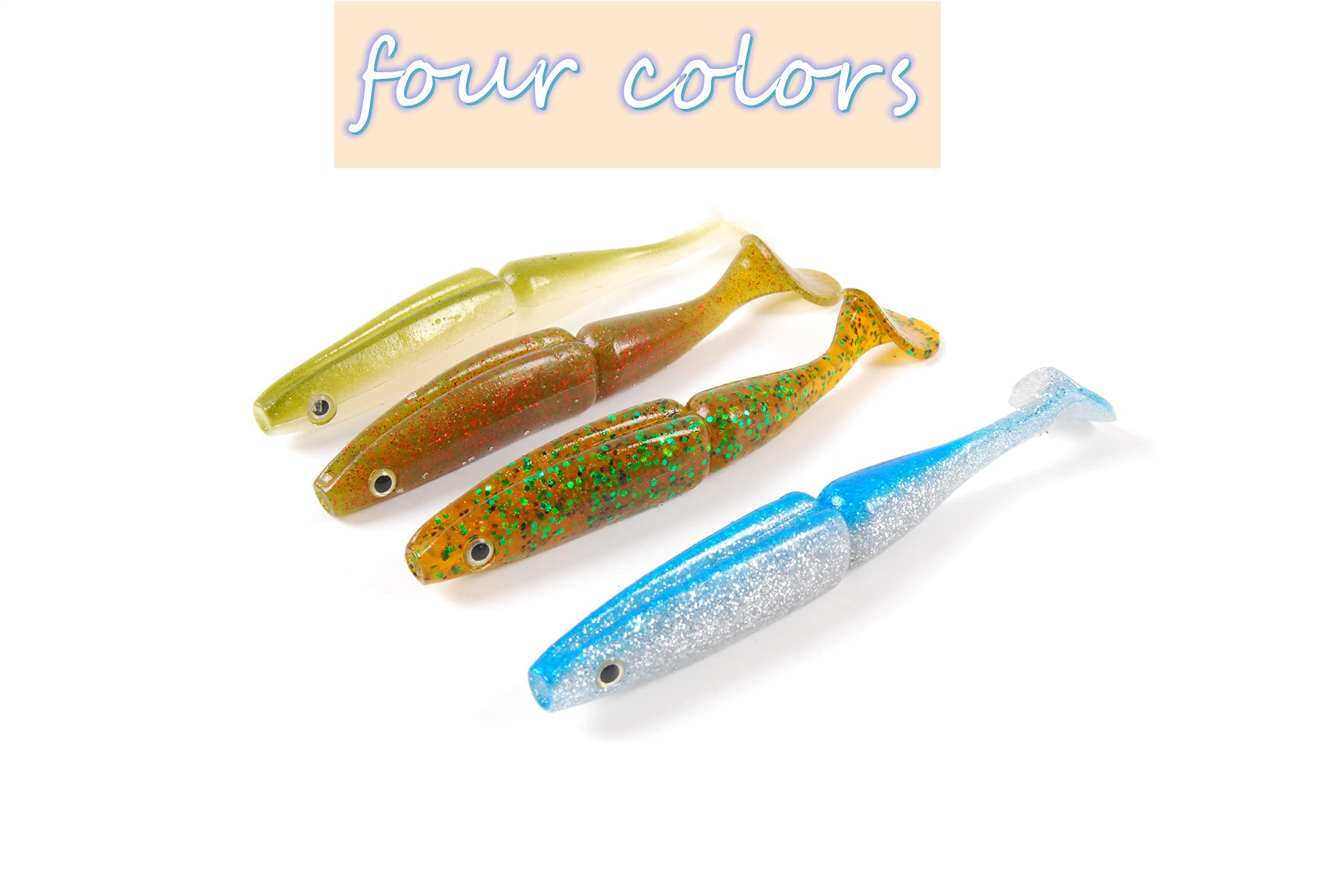 Papa.Jiang 4 PCS Soft Fishing Lure, Top Shad Artificial Lure Swimbaits, Wiggle Paddle Tail, Double color, Saltwater/Freshwater (Yellow Green)