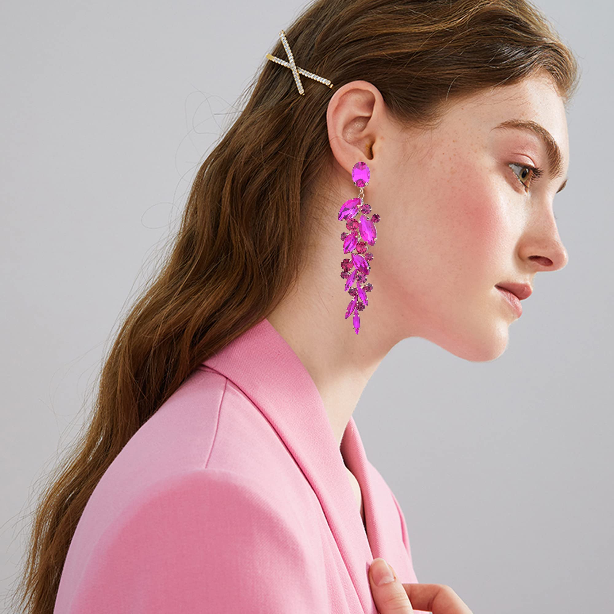 Rhinestone Fashion Statement Dangle Earrings Sparkly Hot Pink Marquise Crystal Drop Earrings for Women Wedding Prom