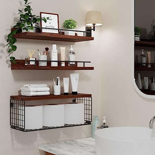 Xeapoms Floating Shelves with Wire Storage Basket, Wall Mounted Bathroom Shelves Over Toilet with Metal Guardrail, Rustic Wood Wall Shelf for Bathroom Decor,Bedroom,Living Room,Kitchen β Rustic Brown