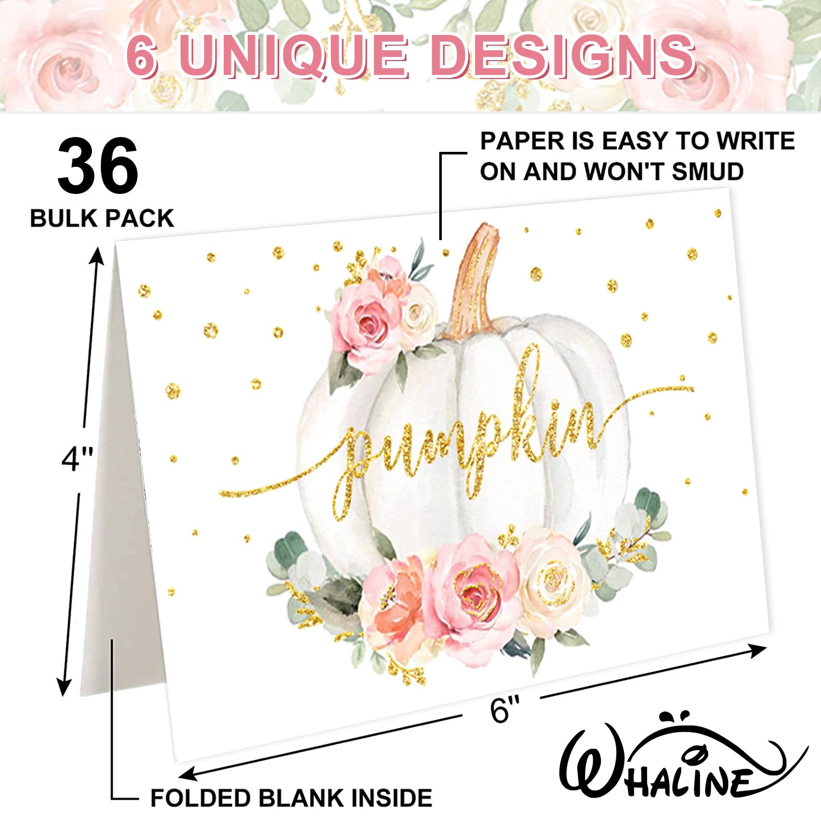 Whaline 36 Pack Fall Gold Foil Thank You Cards Pink Floral Pumpkin Greeting Cards Autumn Blank Note Cards with Stickers Envelopes for Thanksgiving Wedding Bridal Shower