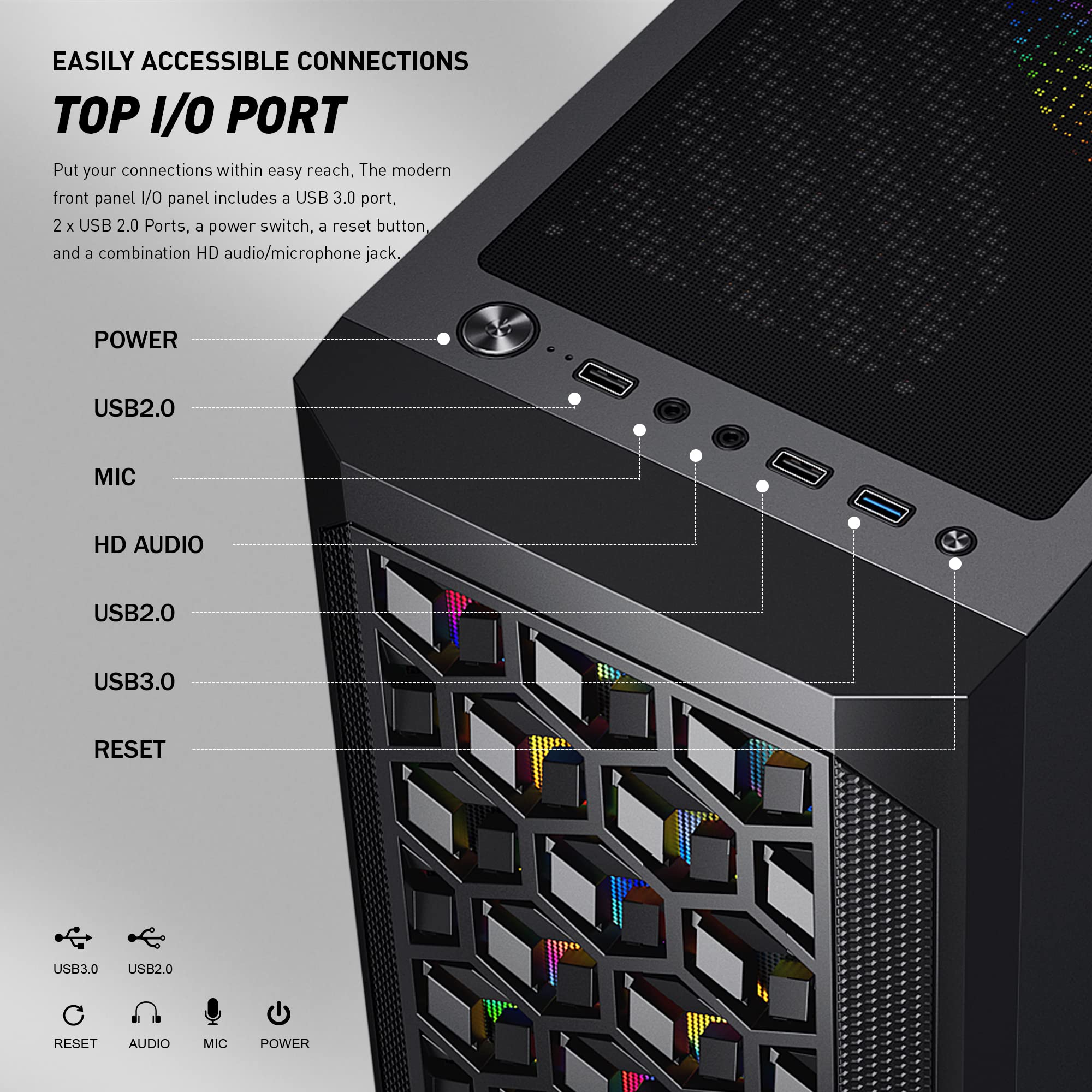 RHIROTEC MATX Micro ATX Case Gaming PC Case, Computer Case Pre-Installed 4 x RGB Rainbow Fan Tempered Glass Side Panel & Hollow Out Front Panel Ventilated Airflow with Magnetic Design Dust Filter
