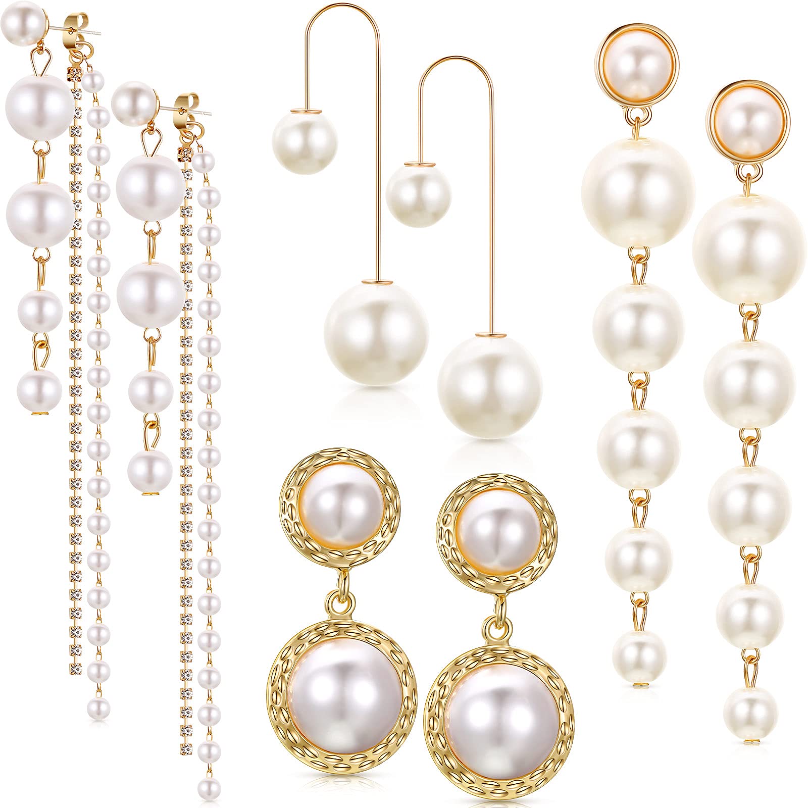 MTLEE 4 Pairs Boho Pearl Drop Earrings Big Simulated Pearl Long Tassel Drop Earrings Faux Pearl Dangle Earrings Double Sided Front Back Pearl Earrings Handmade Bohemian Statement Earrings