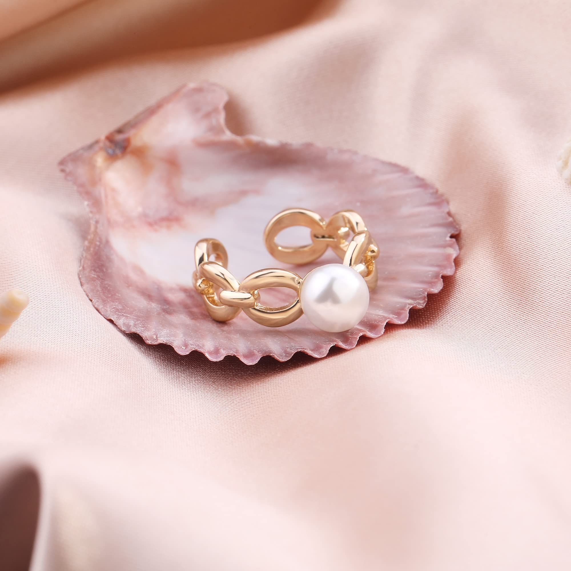 papasgix Pearl Ring for Women, 14K Gold Plated Stackable Open Ring Adjustable Ring Aesthetic Handmade Statement Gold Ring