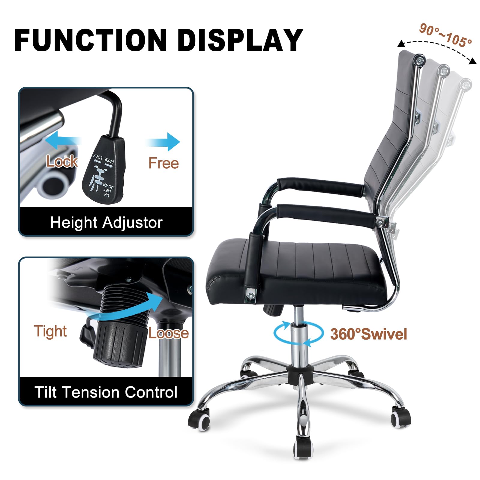 LUCKWIND Office Desk Chair, Executive Ribbed Task Chair, High-Back Leather Conference Ergonomic Chair, Swivel Arm Chair, Height Adjustable & Tilt Rocker (Black)