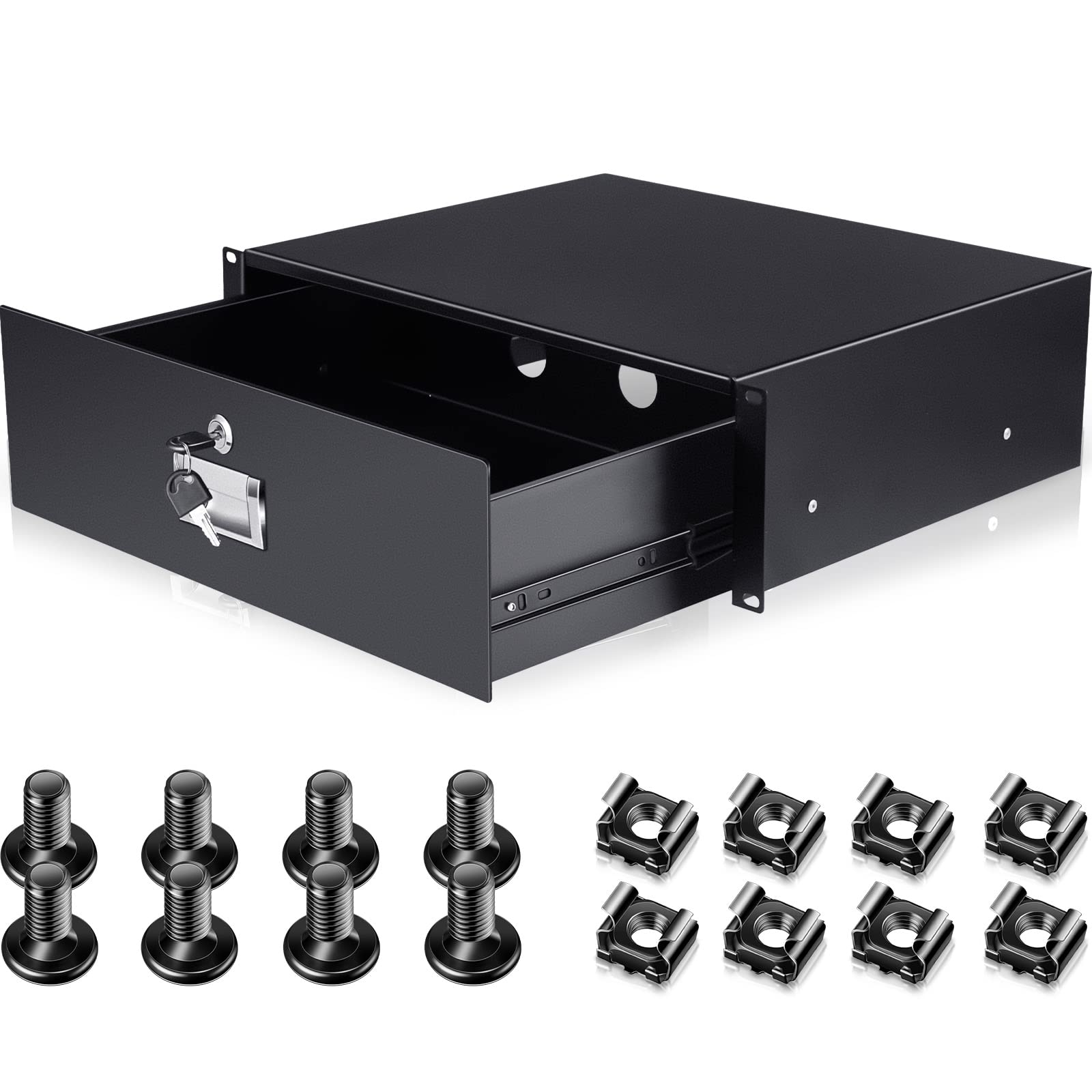 Server Cabinet Case Drawer Metal Rack Mount Tool Drawer 19 Inch Rack Mount DJ Locking Lockable Deep Drawer with Key for Enclosure Server Rack Cabinet Black (3U)