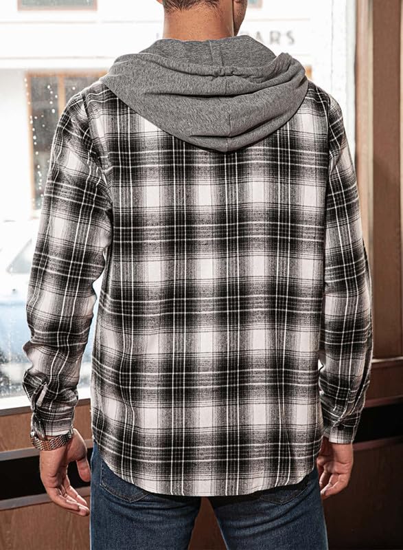 JMIERR Flannel Hoodies for Men Casual Button Down Plaid Long Sleeve Lightweight Winter Shirts Jackets,US 46 (XL),1Black