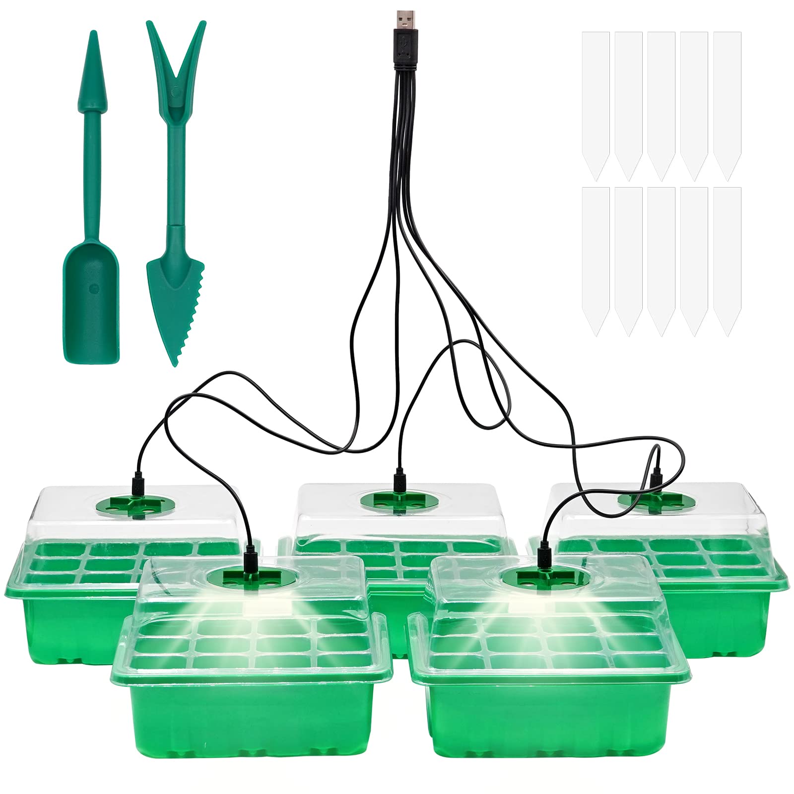 KHEARPSL Seed Starter Tray, 5 Pack Seed Starting Kit Plant Starter Kit Greenhouse Germination Kits with Humidity Dome and Base (Green)