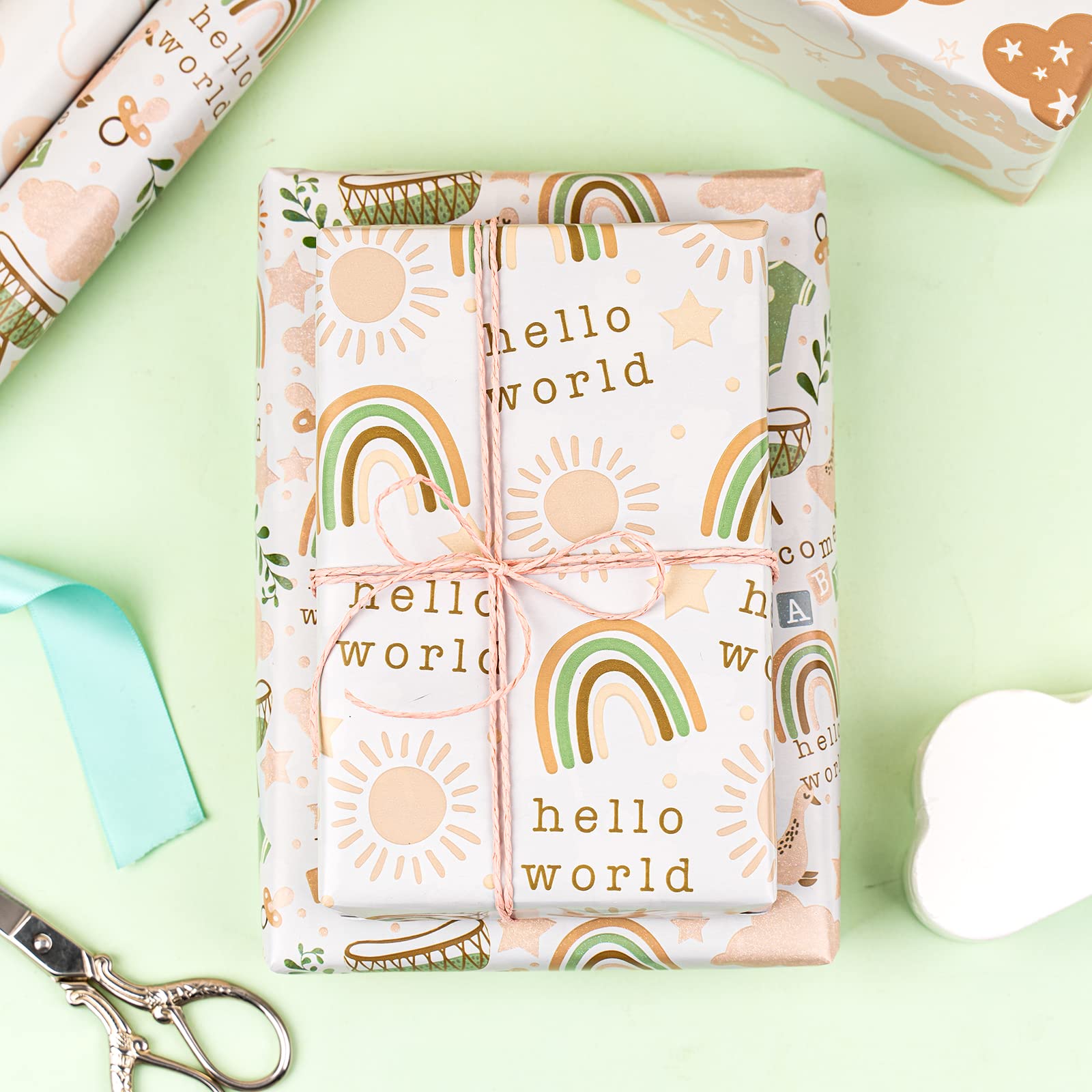 LeZakaa Baby Shower Wrapping Paper Roll - Mini Roll - Baby Suit/Rainbow, Sun/Cloud for Baby Boy, Girl - 17 x 120 inches - 3 Rolls (42.5 sq.ft.ttl.)