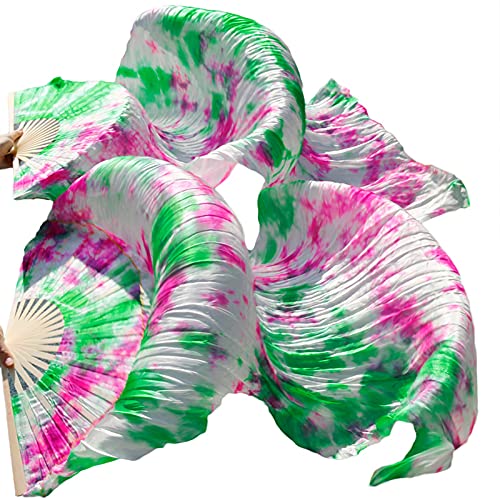 Leemiman Women 1 Pair(Left+Right) Silk Belly Dance Fan Veils, Silk Fans for Dancing, Tie Dyed Silk Fan Long Folding Fans,Length 180cm Width 90cm