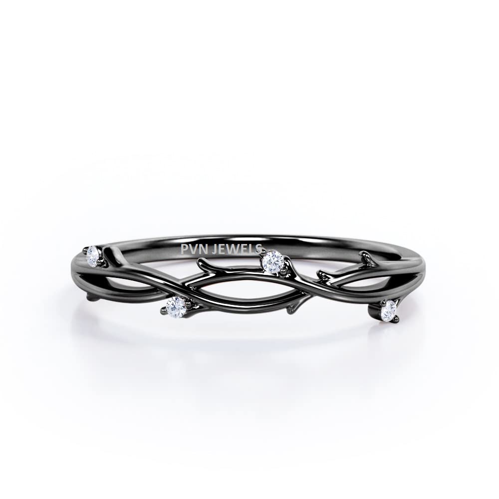 PVN Jewels Nature Inspired Round Cut Diamond - Crossover Twig Stackable Ring - Solid 925 Sterling Silver 14K Black Gold Plated 6.5