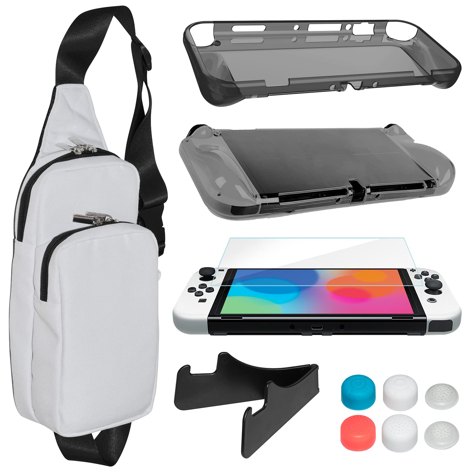 omarando TPU Case Cover Accessories Kit for Nintendo Switch (OLED Model),Shoulder Bag for Switch,with Tempered Glass Screen Protector,Thumb Grip Caps .Mini Travel playstand (Black)