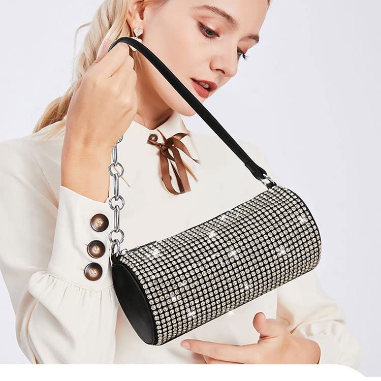 Rhinestone Purse Round Barrel Shape Women Blingbling Sparkle Crystal Clutch Shoulder Top Handle Handbag Chain Party Prom Boston Bucket