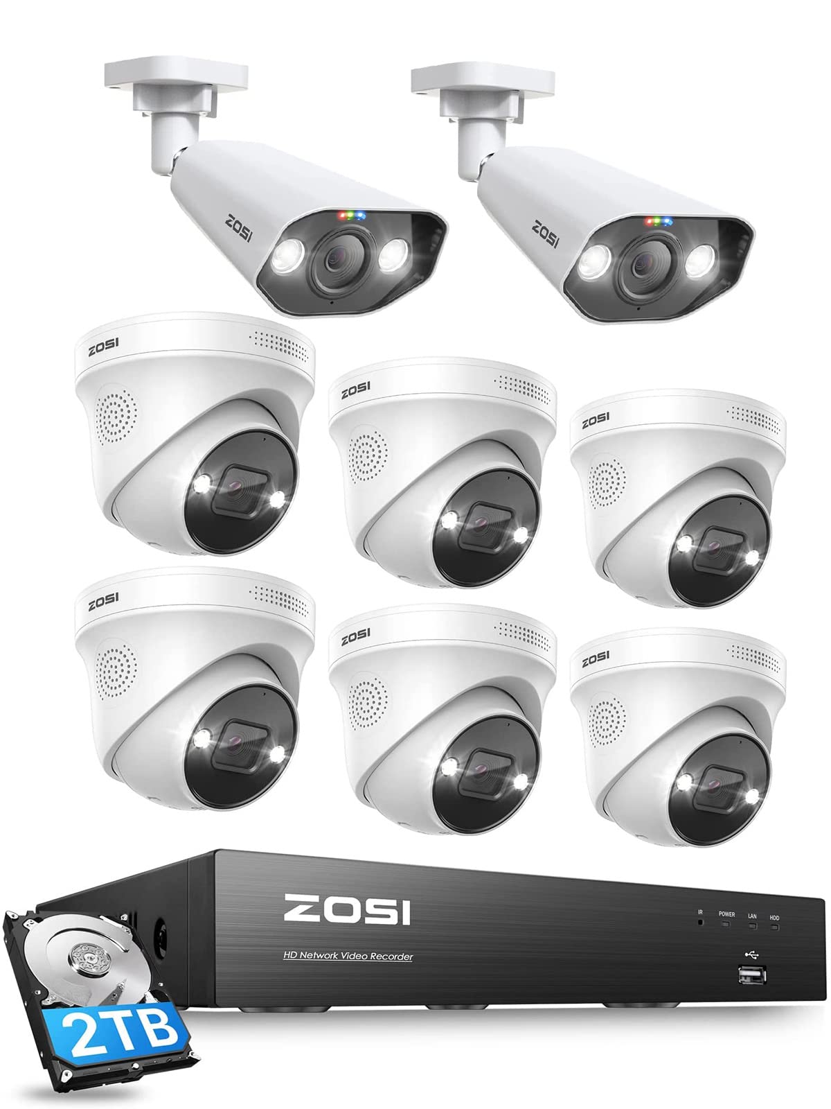 ZOSI 4K 8CH Spotlight PoE Security Camera System,8pcs 4K Wired Indoor Outdoor PoE IP Cameras with 2-Way Audio,Night Vision,Human Detection,Smart Light Alarm,8CH 8MP NVR with 2TB HDD for 24/7 Recording