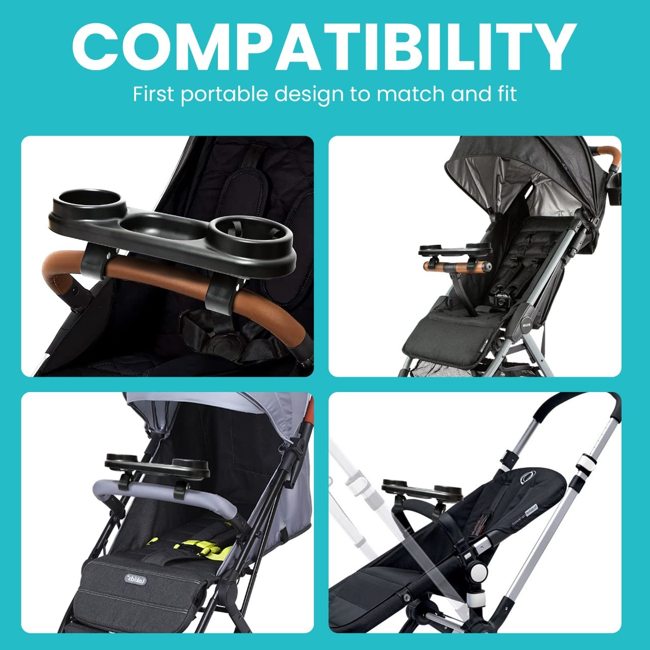 Universal Stroller Snack Tray - with Cup Holders - Upgraded Stroller Bar Attachment; Dual Non-Slip Grip Clip, Gray/Black (Black) ST-19