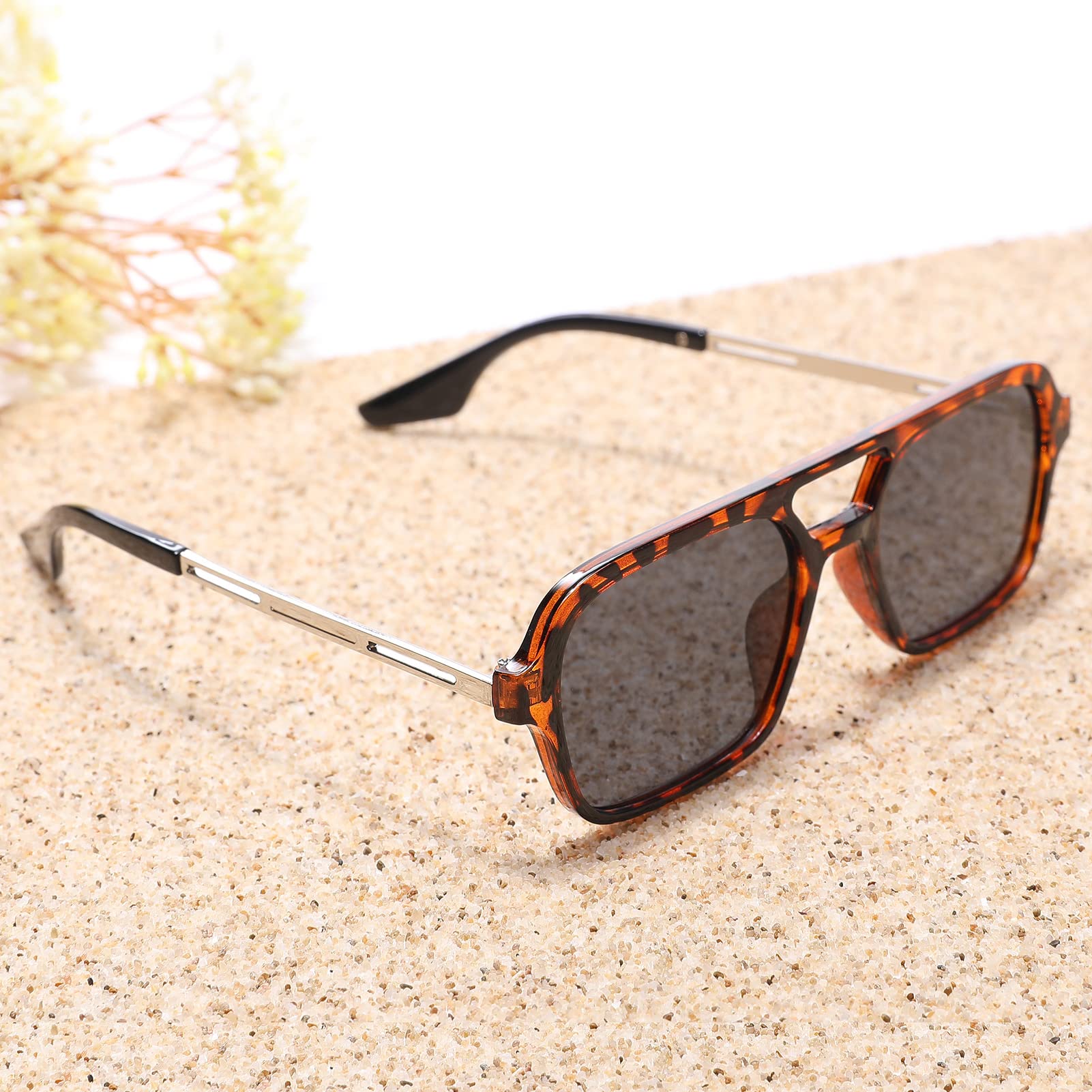 Pro Acme Vintage 70s Flat Pilot Sunglasses for Women Men, Small Frame Rectangular Glasses UV400 Protection Shades (Leopard Frame | Black Lens)