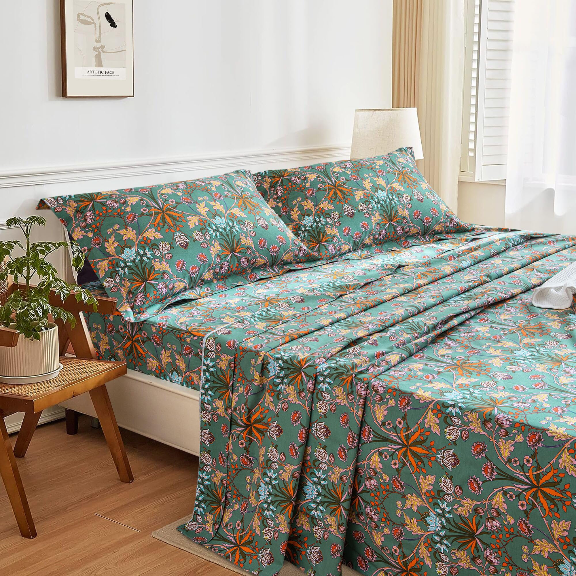 Lady Ann 100% Cotton Floral Sheets Full Size, Vibrant Paisley Flowers Printed on Green Pattern Sheets Full Size Bed Dorm Bedding Breathable Deep Pocket Preppy Bed Sheets 4PCS Set