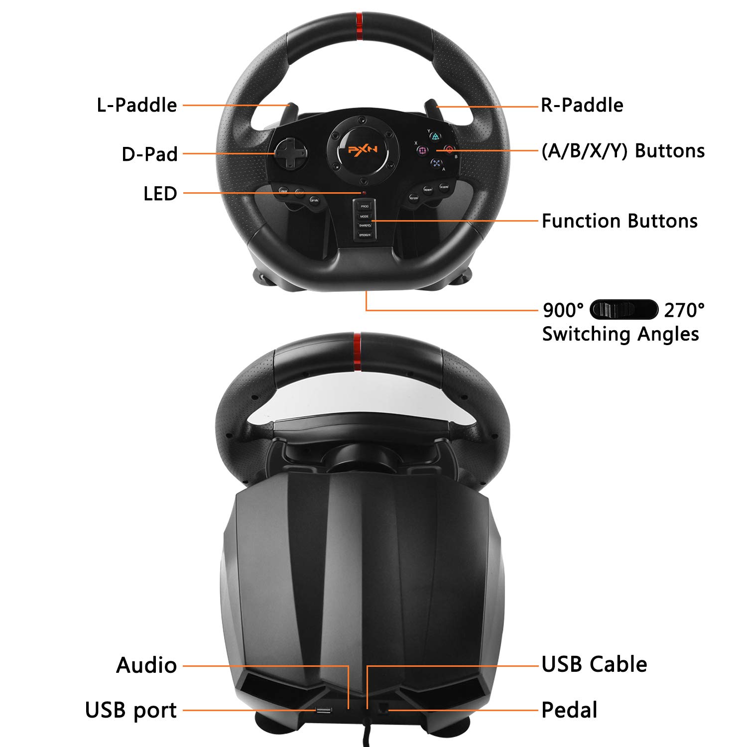 PXN Gaming Racing Wheel, V900 270/900 Degree Competition Racing Steering Wheel with Audio Function & with Pedal, Suitable for PC, PS3, PS4, Nintendo Switch.