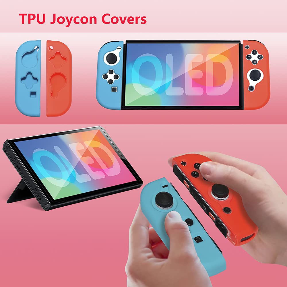 omrando Hard Carrying Case Compatible with Nintendo Switch (OLED model) and Nintendo Switch,with Playing Stand, Tempered Film for Switch and OLED,Switch Accessories (Black-Red)