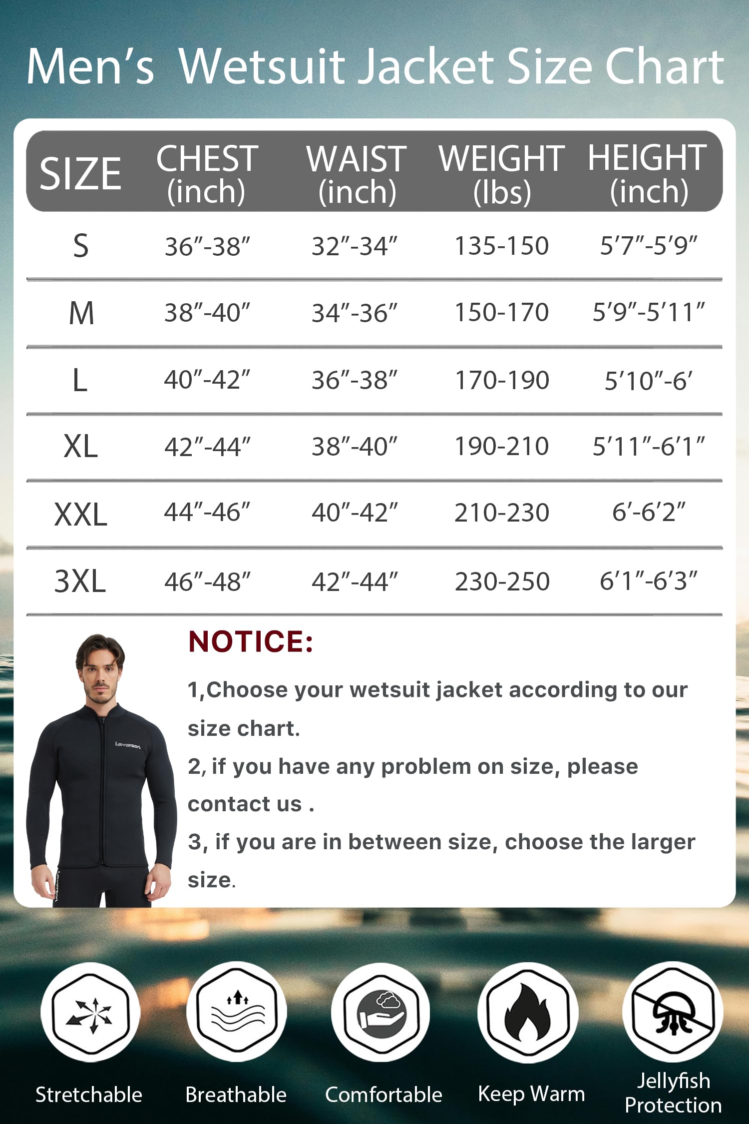 Lemorecn Men’s 3mm Wetsuits Jacket Long Sleeve Neoprene Wetsuits Top(2031blackXL)