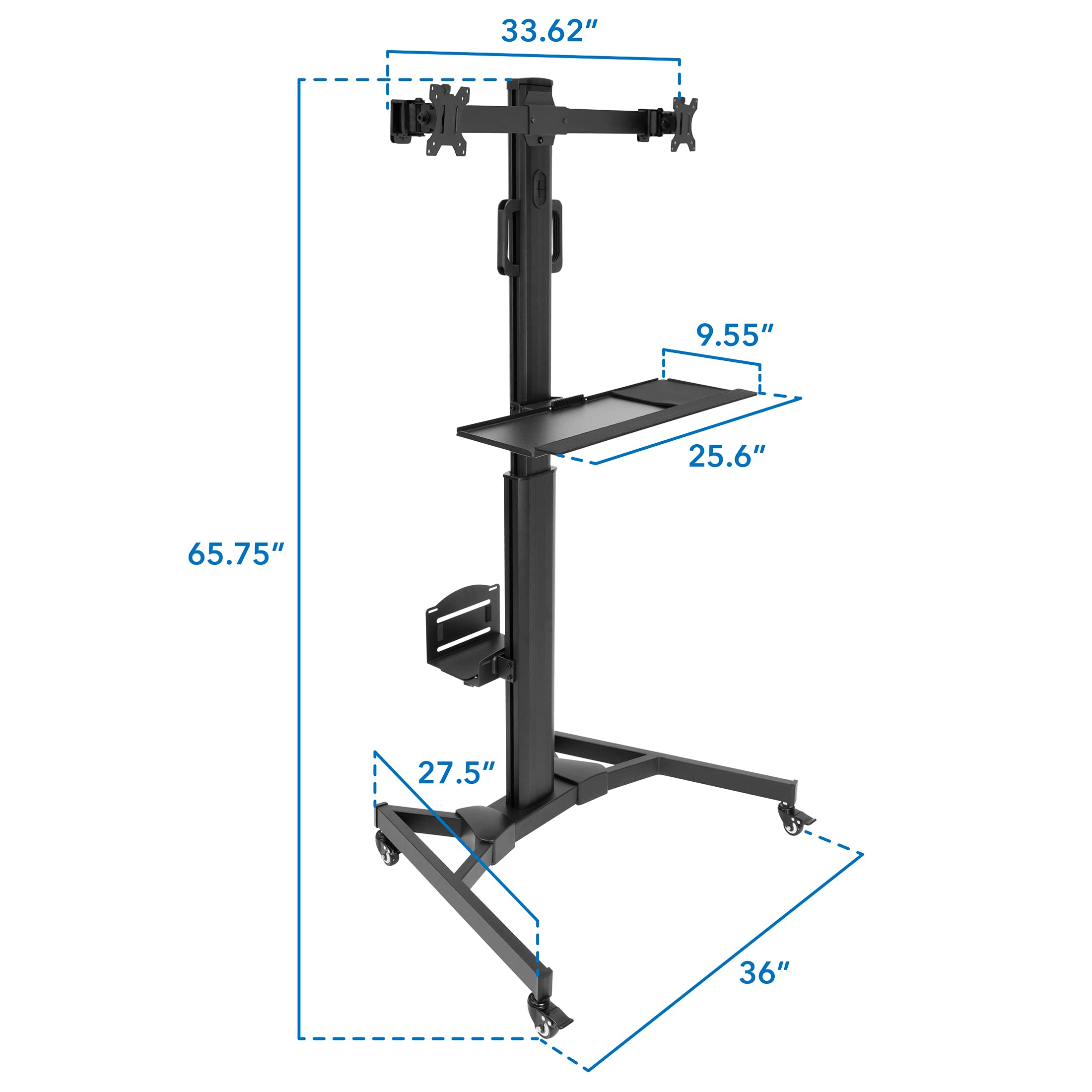 Mount-It! Adjustable Mobile PC Workstation - Dual Monitors up to 32", Rolling Computer Cart Wheels, Rolling 2 Monitor Stand, Keyboard and CPU Holder for Office, Medical, Hospitals, Home & Classrooms