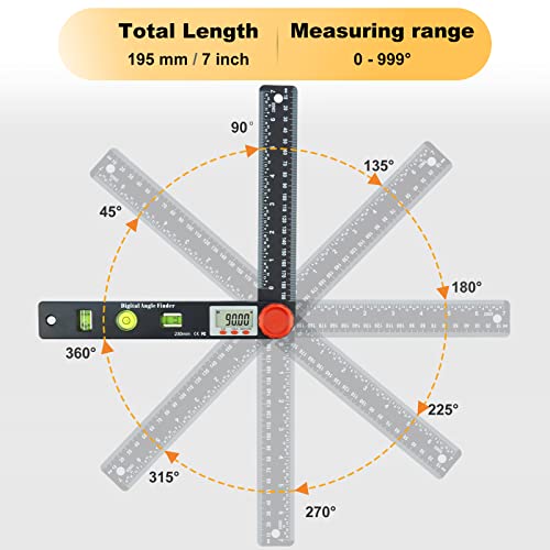 VOLCANOESÂ CLUB Digital Angle Finder Protractor - 7inch Angle Gauge Spirit Level Ruler with INCH/MM & Level Bubble Vials - 360 Degree Measuring Super Gauge Tool for Carpenter, Construction, Woodworking