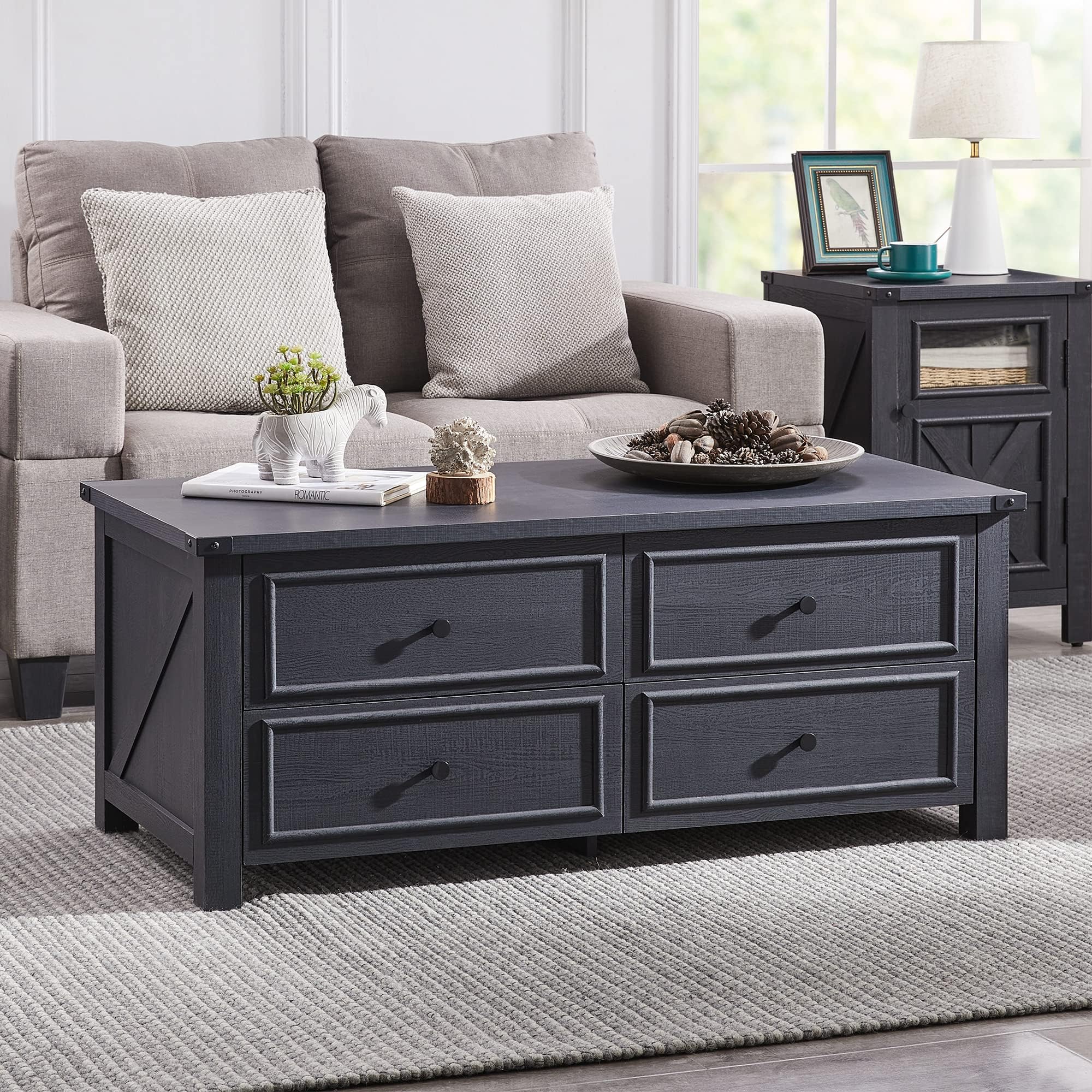 JXQTLINGMU 48” Farmhouse Coffee Table with 4 Large Storage Drawers, Modern Center Table with Barn Door for Living Room, Office, Rustic Rectangle Cocktail Table(Black)