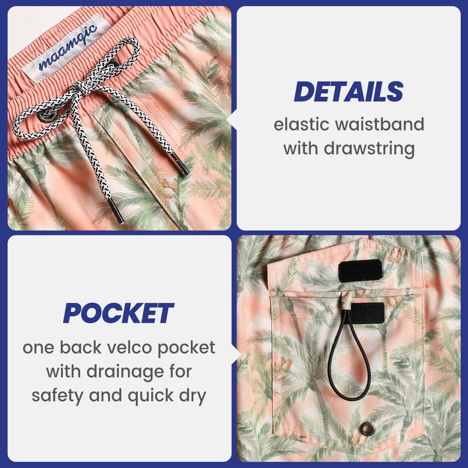 maamgic Mens Swim Trunks Retro Swim Shorts 4 Way Stretch with Mesh Vintage 80s 90s Quick Dry Swim Suits Board Shorts Palm Pink Large