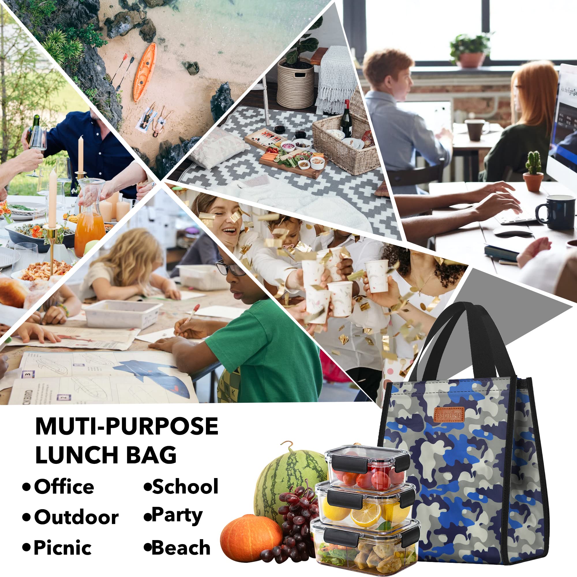 Lunch Bag Women Men Black Insulated Lunch Box Reusable Lunch Tote Bag for Work-Black