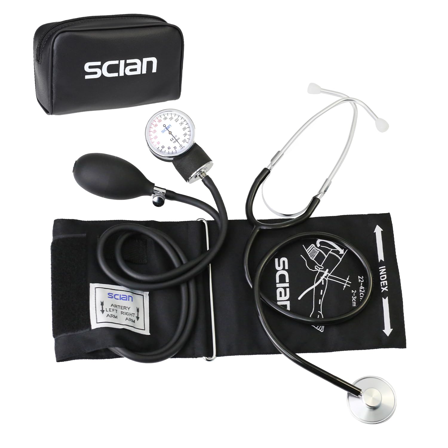 Scian Manual Blood Pressure Cuff with Stethoscope – Professional Aneroid Sphygmomanometer with Adult Cuff 8.7”-16.5”& D-Ring, Classic Bp kit with Carrying Bag (Black)