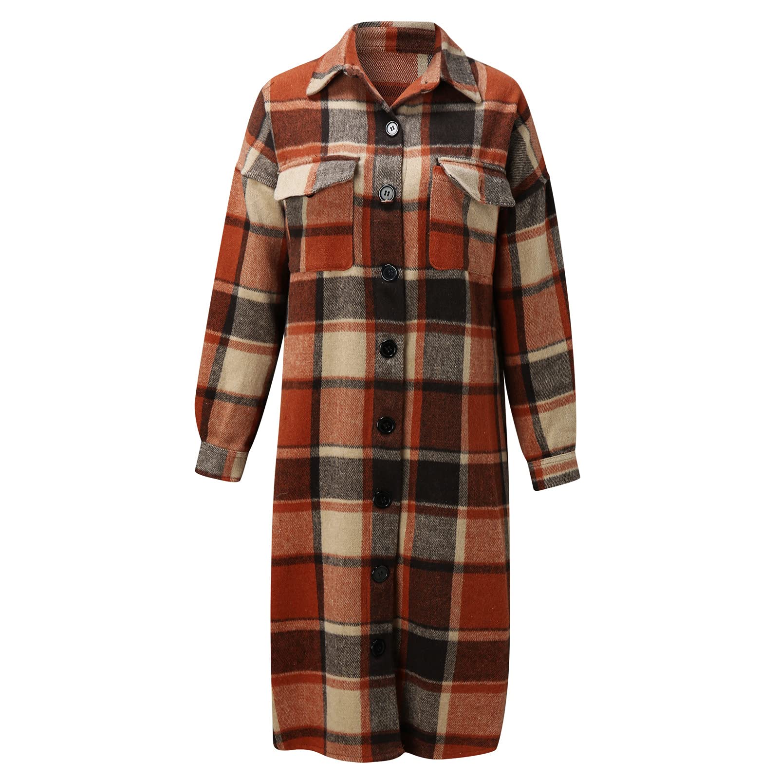 MOKINGTOP Women Flannel Shacket Plaid Print Long Sleeve Lapel Long Jackets Cardigan CoatFlannel Shirts For Women