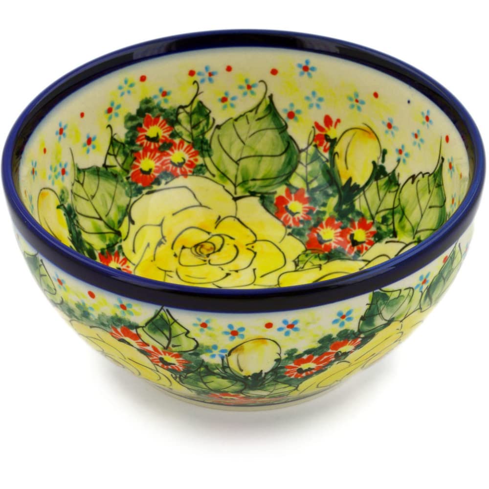 Polish Pottery 6¼-inch Bowl (Yellow Blooming Rose Theme) Signature UNIKAT + Certificate of Authenticity