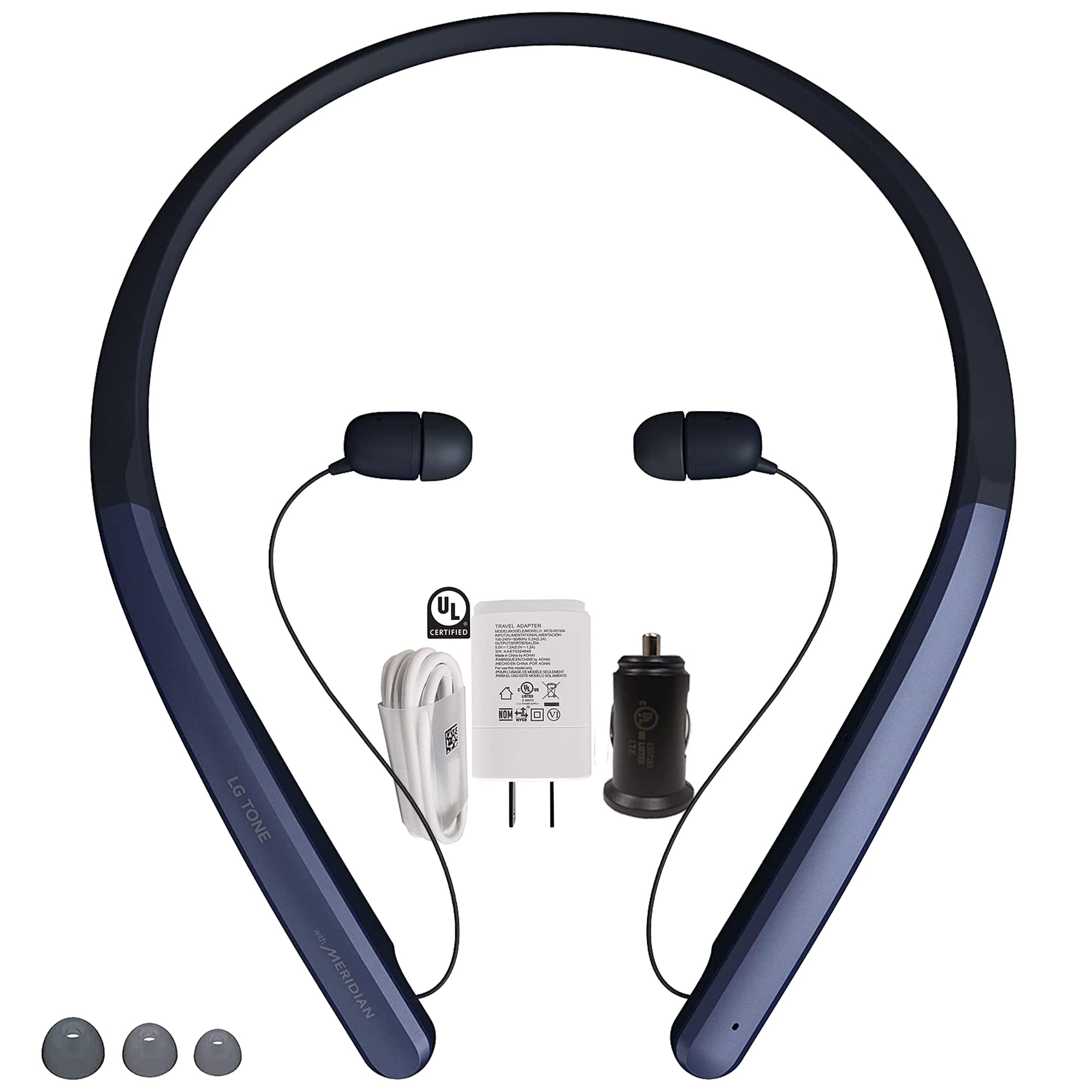 LG Tone Flex Wireless Bluetooth Stereo Neckband Earbuds HBS-XL7-32-Bit Hi-Fi DAC, Meridian Audio,Google Assistant (Wall & Car Charger- Navy Blue) (Renewed)