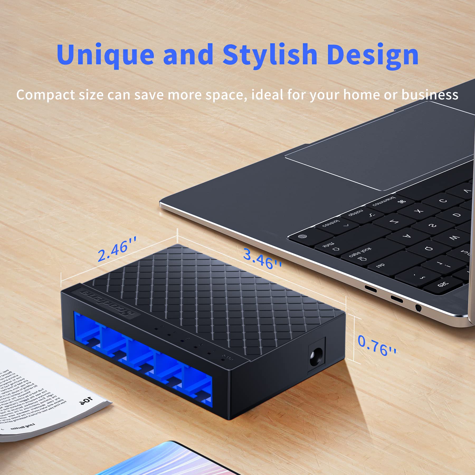 Scodeno 5 Port Gigabit Unmanaged Ethernet Switch, 5 x Gigabit Ports, 10Gbps Switching Capacity, Home Network Hub, Desktop Mount, Plug and Play, Fanless