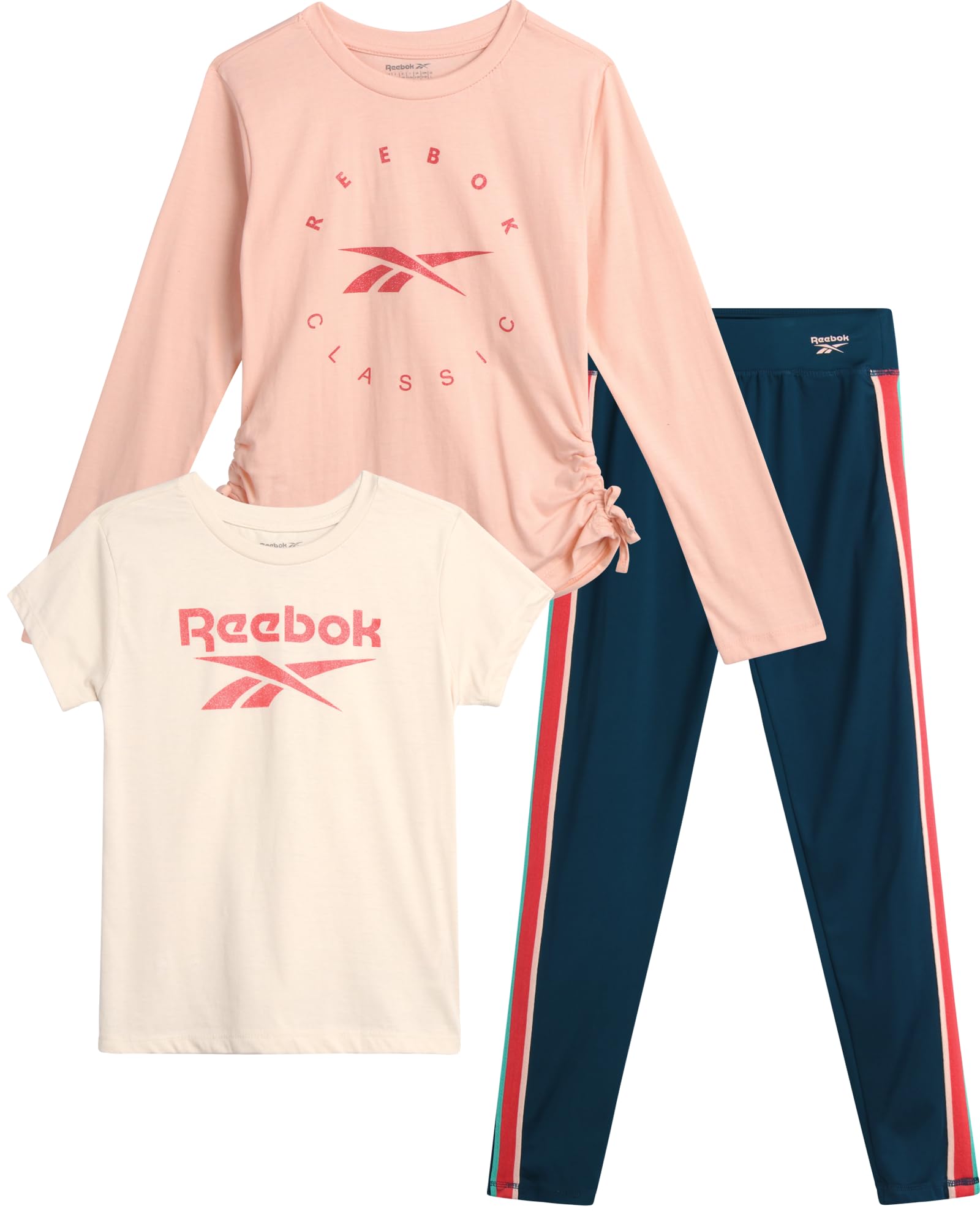 Reebok Girls' Active Leggings Set - 3 Piece Performance T-Shirt and Yoga Pants Leggings (4-12), Size 4, Rainbow/Black/Multi