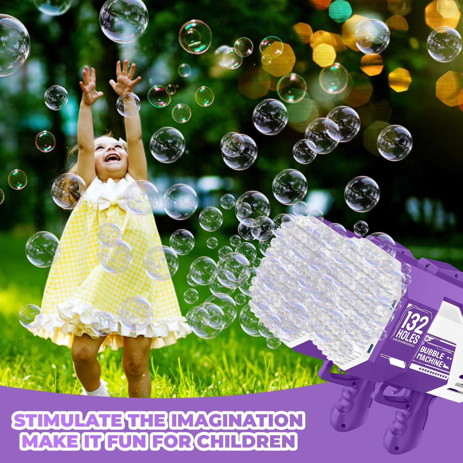 Kubromsky 132 Hole Bubble Machine Gun with Lights for Kids and Adults - Bazooka Bubble Gun for Kids and Special Events - 5000+ Bubble Blaster Per Min - Electric Rocket Bubble Gun (Purple)