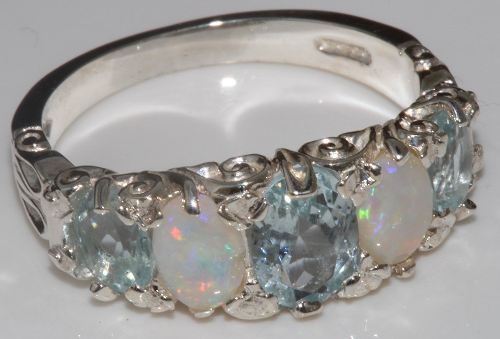 LetsBuyGold 925 Sterling Silver Real Genuine Aquamarine and Opal Womens Promise Ring - Size 9