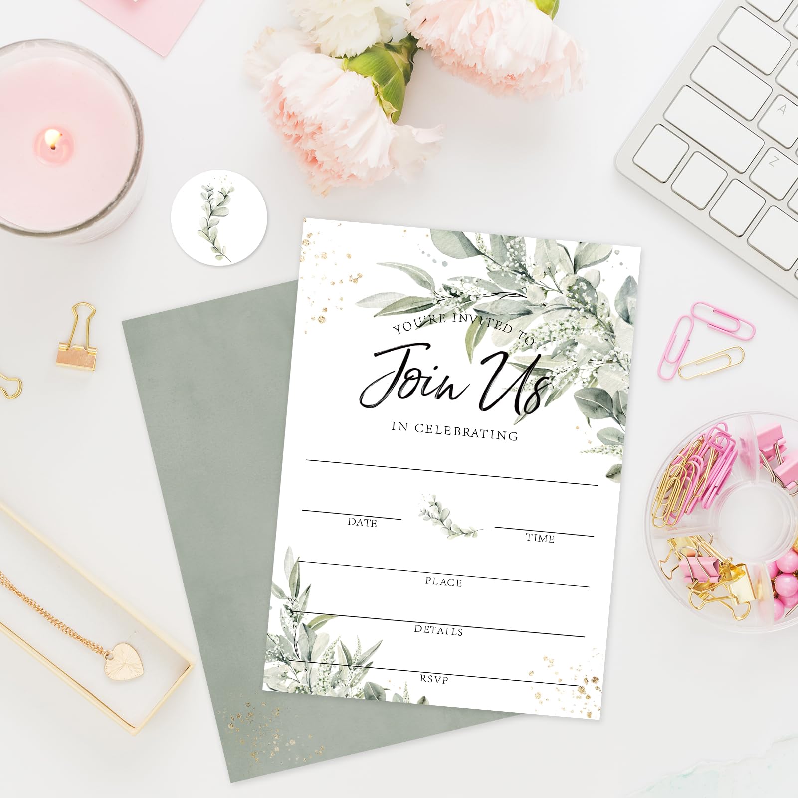 Whaline 25 Sets Greenery Invitations with Envelopes Stickers Sage Green Leaves Invitation Cards Blank Invites for Spring Wedding Reception Bridal Baby Shower Birthday Dinner Party, 5 x 7 Inch