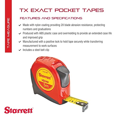 Starrett Exact Retractable Metric Pocket Tape Measure with Nylon Coating, Self Adjusting End Hook, and Steel Belt Clip - 3/4" Width x 5m Length - KTX34-5M-N
