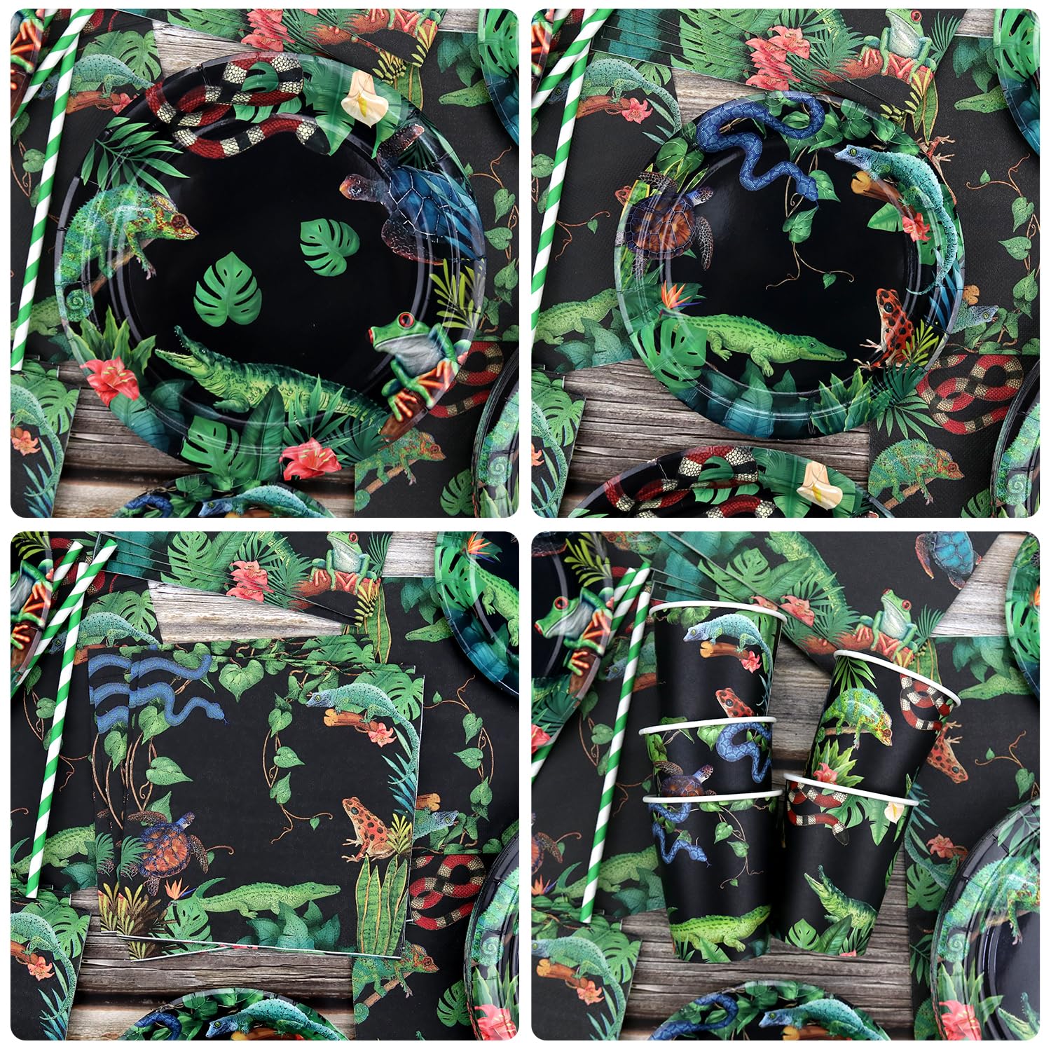 KEFAN Reptile Party Decorations, Wildlife Lizards Snakes Crocodiles Party Tableware Supplies including HAPPY BIRTHDAY Banner, Plates, Cups, Napkins, Tablecloth, Balloons (Backdrop)