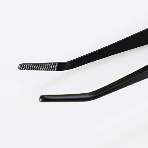 Wazakura Bonsai Curved Tip Tweezer with Spatula MADE IN JAPAN 8.6in(220mm) Stainless Steel Black Coated - Black