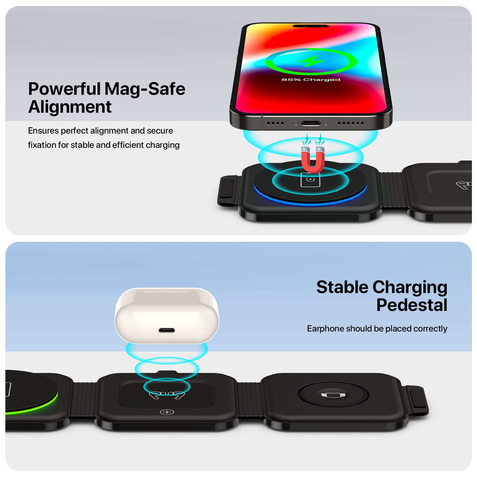 Wireless Charging Station,Foldable 3 in 1 Travel Wireless Charger,Fast Mag-Safe Charger for iPhone 14/13/12,AirPods 2/3/Pro,for Apple Watch(with Adapter)