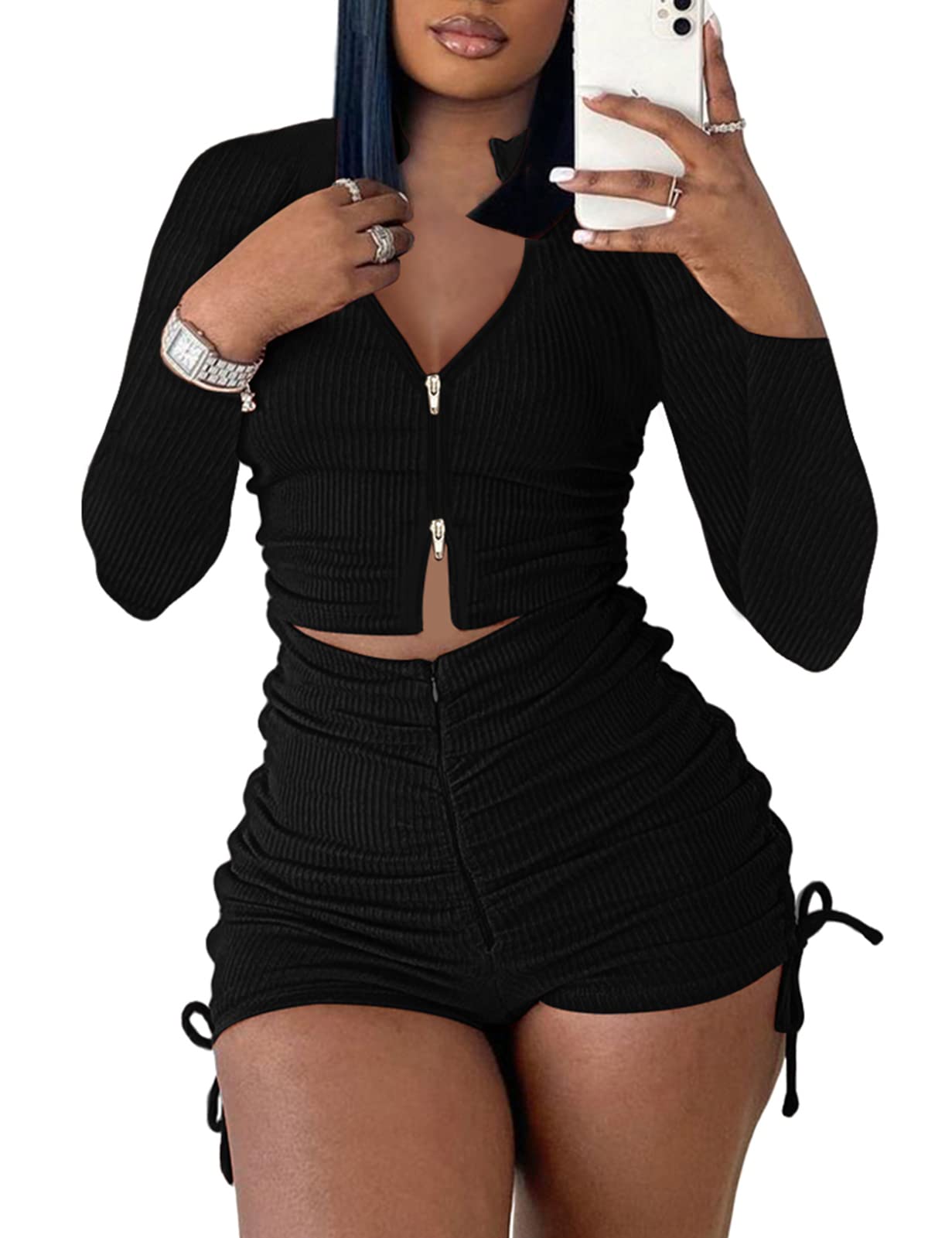 PRIVIMIX Two Piece Outfits for Women, Long Sleeve Ribbed Stretchy Crop Top Drawstring Ruched Shorts Casual Workout Sets Black XL