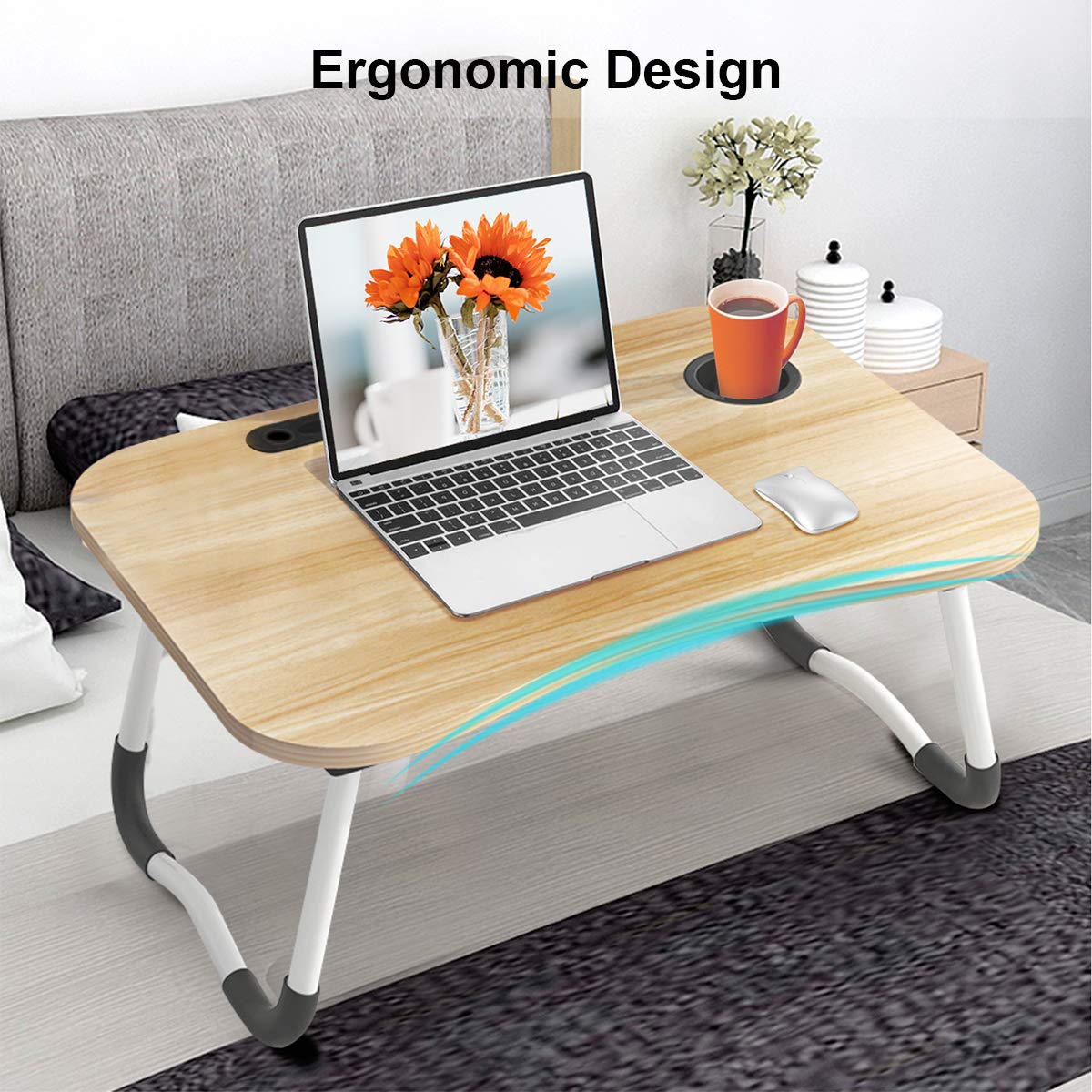 Lap Desk Foldable Bed Table Portable Multi-Function Lap Bed Tray Table with Storage Drawer and Cup Slot, Notebook Stand Breakfast Bed Tray for Sofa, Bed, Terrace, Balcony, Garden