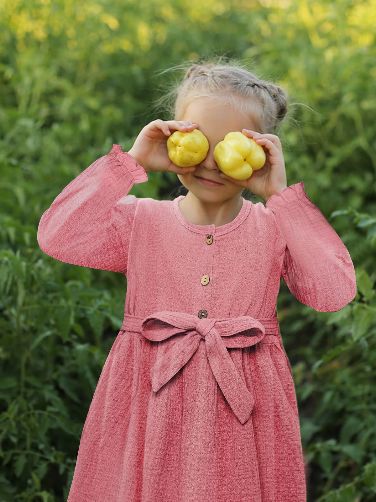 Toddler Pink Dress Long Sleeve Dress Size 4 5 Cotton Linen Plain Button Down Vintage Dresses Tea Party Bow Belt Spring Fall Dresses 4T 5T