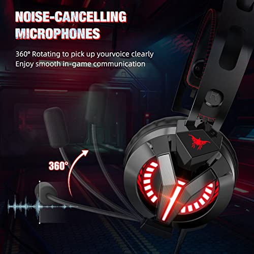 ONIGAL Gaming Headset with Microphone for PlayStation 5, Double Head Beam Suspended Soft Soft Memory Earmuffs, 7.1 Surround Sound Wired Headset LED Light for PS5, PC, PS4, iMac, Laptop