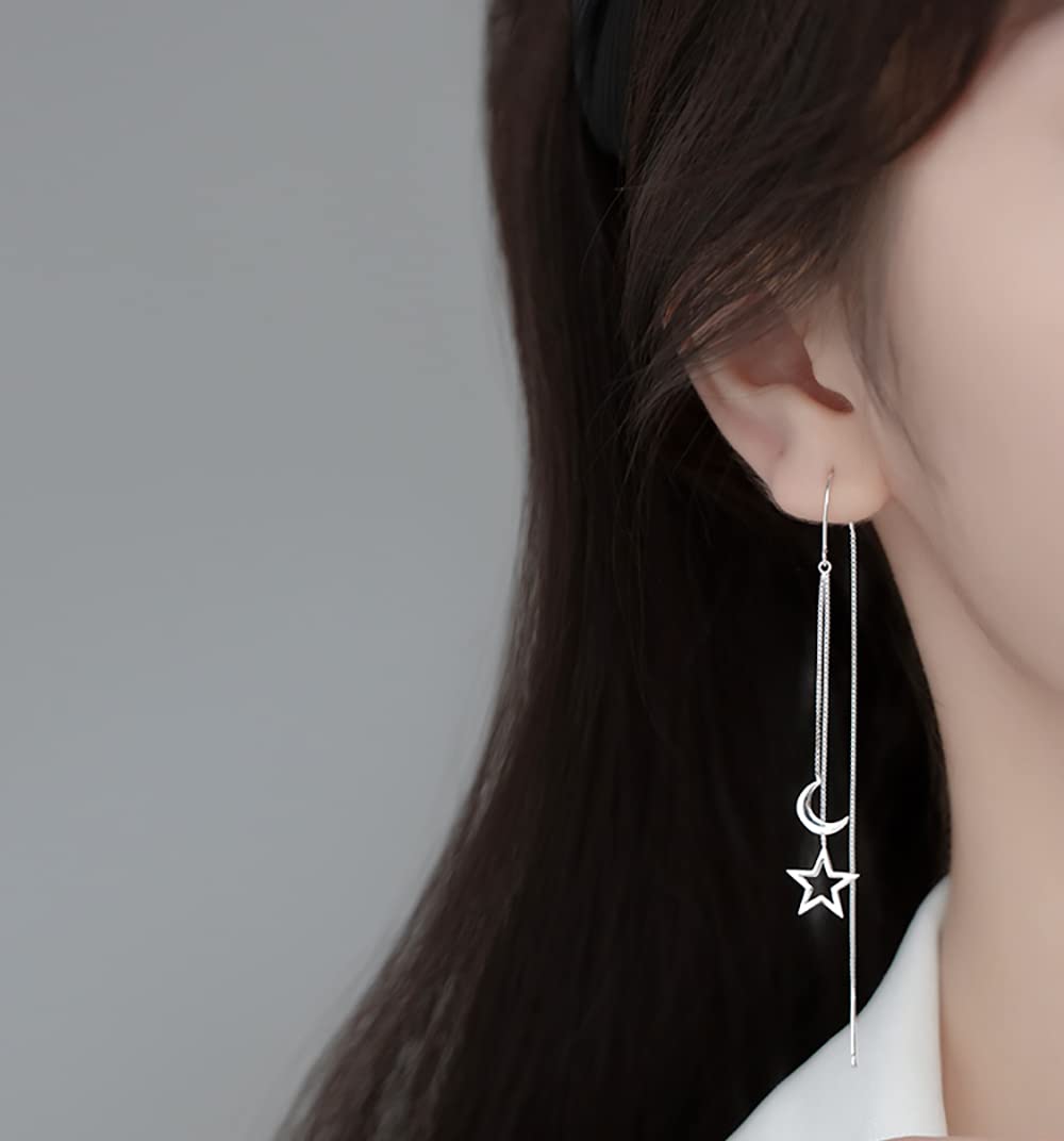 Reffeer Solid 925 Sterling Silver Moon Star Threader Dangle Earrings Chain for Women Teen Girls Long Dangle Earrings Tassel Chain (A-Silver)